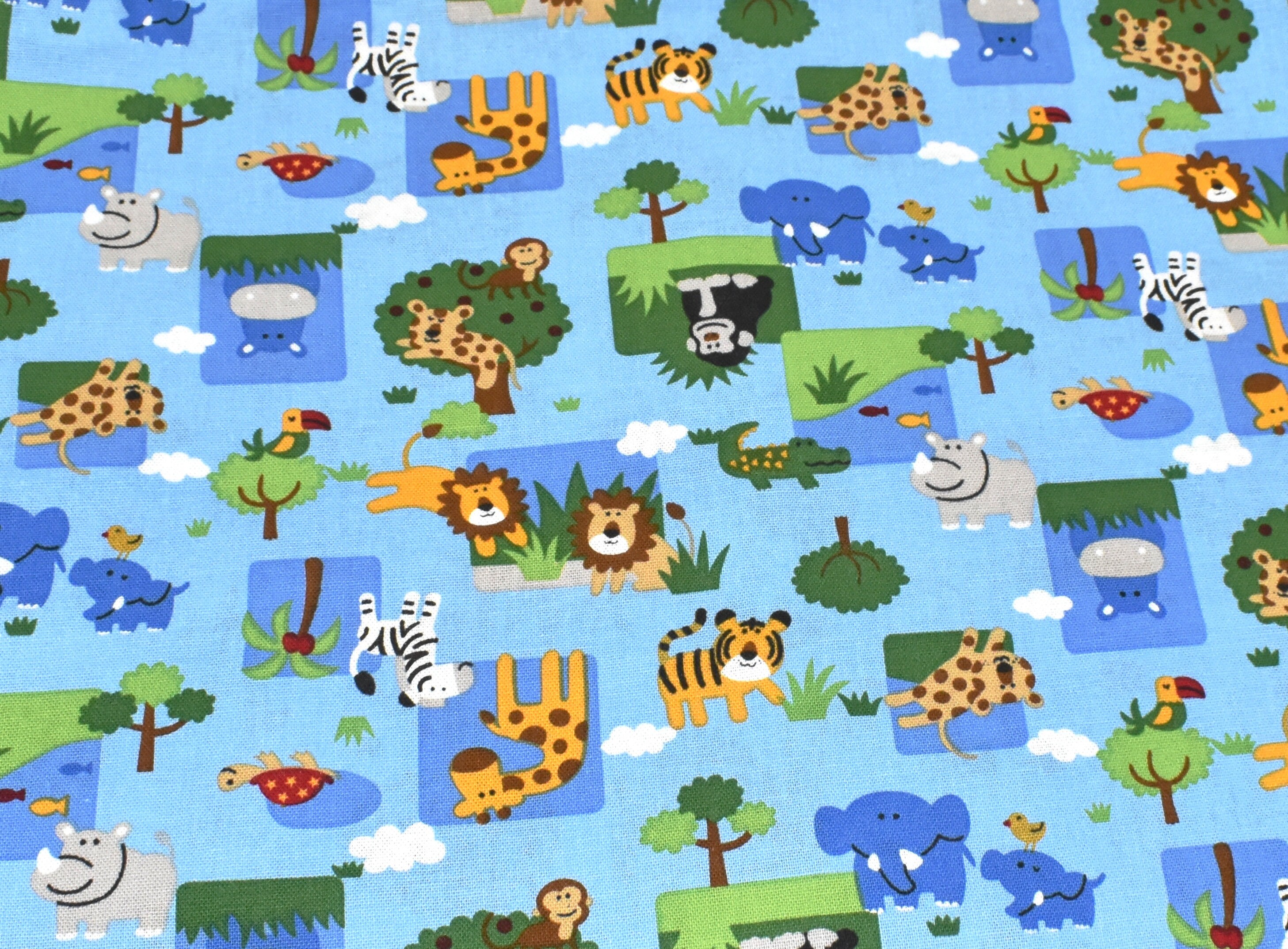 Zoo Fabric, Blue Cotton Fabric, Safari Fabric, Lion Fabric, Tiger ...