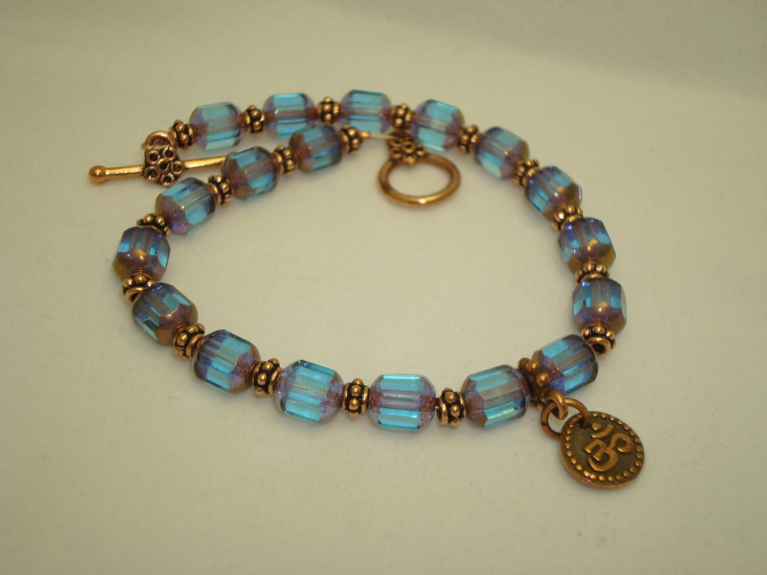 Aquamarine Glass and Copper Barrel Beads Round Fancy Toggle, Ohm Dangle ...