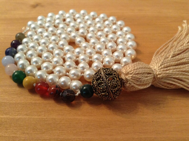 The Yoga Turtle Mala, Hand Knotted 108 Beads, Beige Tassel - Etsy