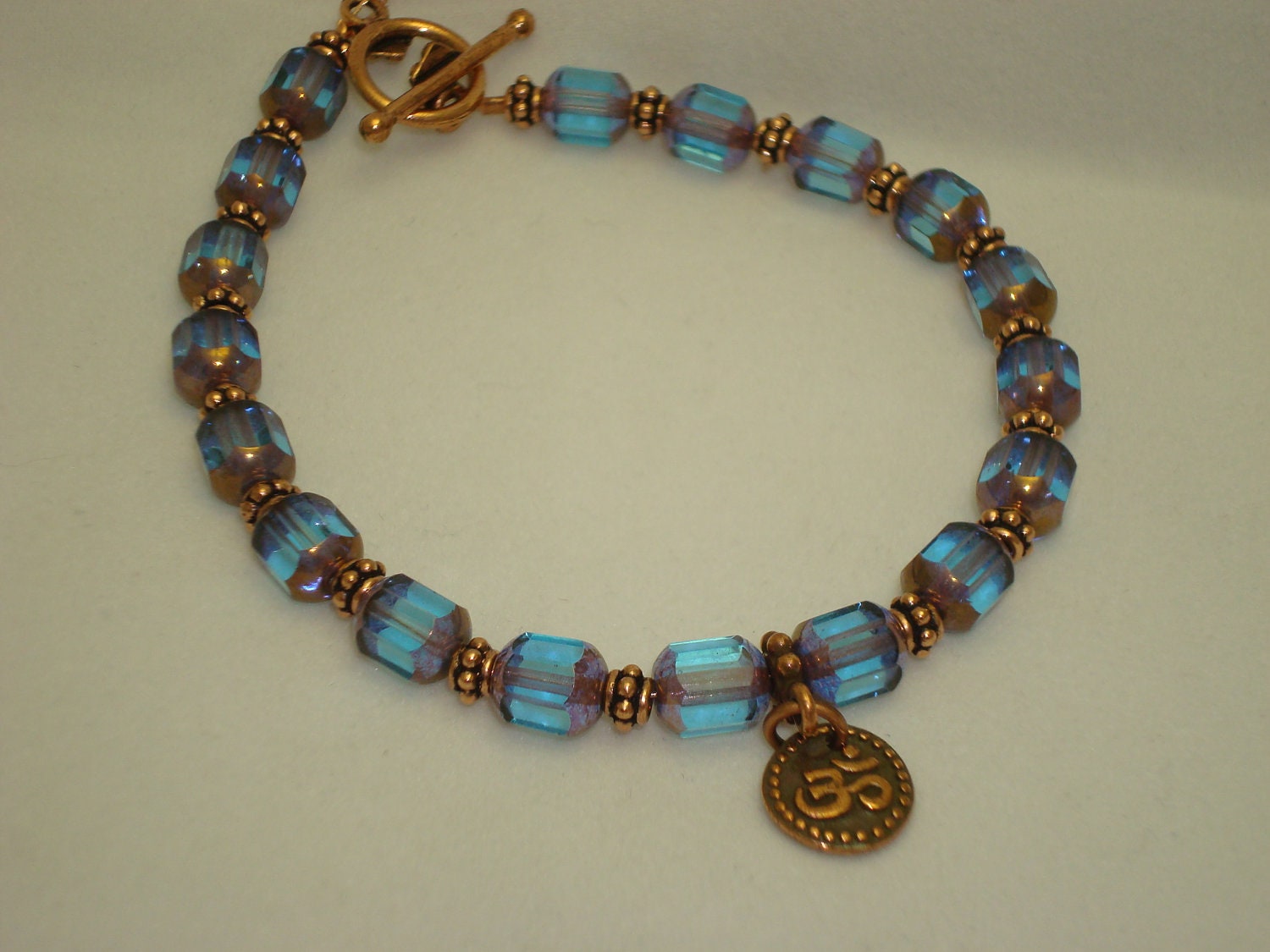 Aquamarine Glass and Copper Barrel Beads Round Fancy Toggle, Ohm Dangle ...