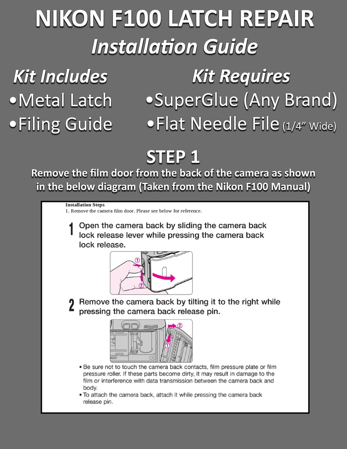 Nikon F100 Back Film Door Broken Latch Metal Repair Kit - Stainless ...