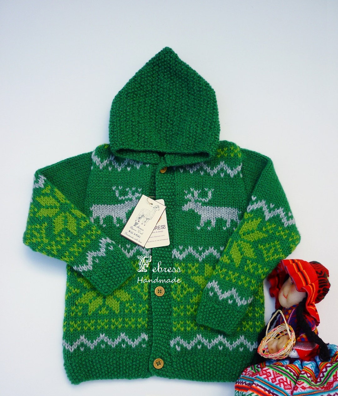 ALPACA Jacket, Jacquard Jacket Hood, Hand Knitted Sweater, Emerald ...