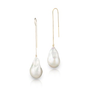 Solid 14K Yellow Gold Double White Baroque Freshwater Pearl Earrings ...