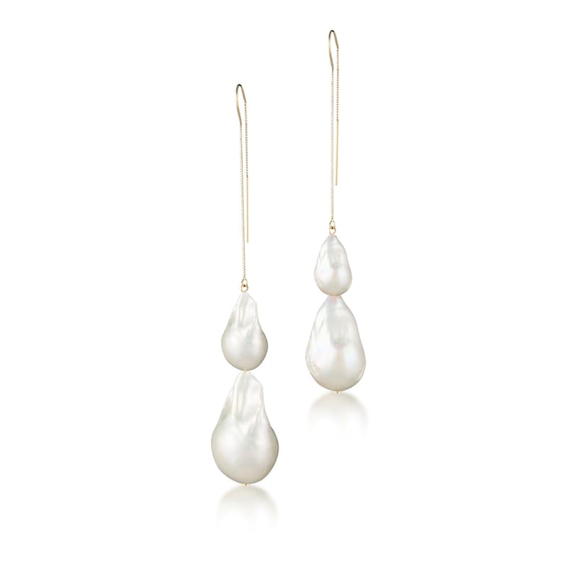 Solid 14K Yellow Gold Double White Baroque Freshwater Pearl Earrings ...