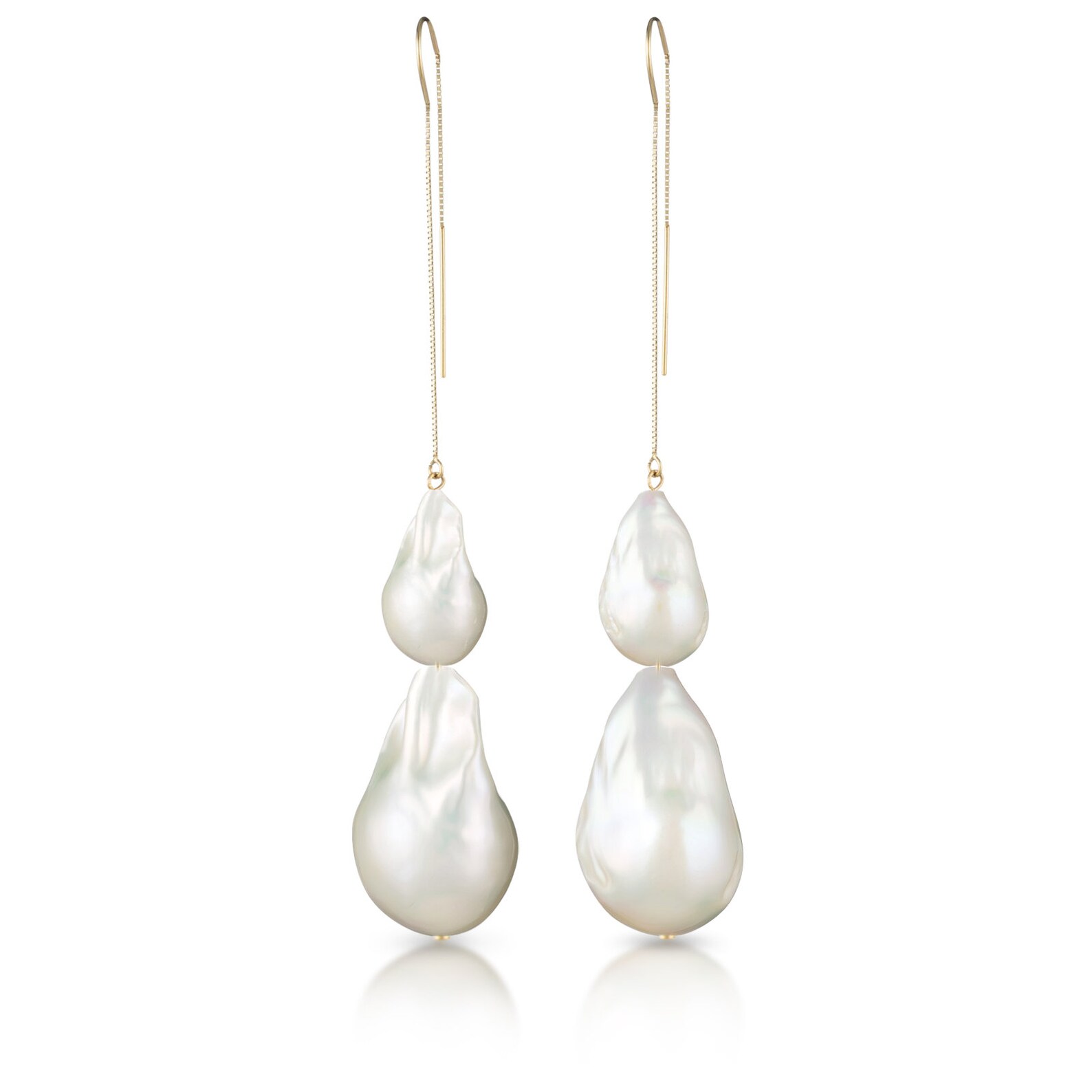Solid 14K Yellow Gold Double White Baroque Freshwater Pearl Earrings ...
