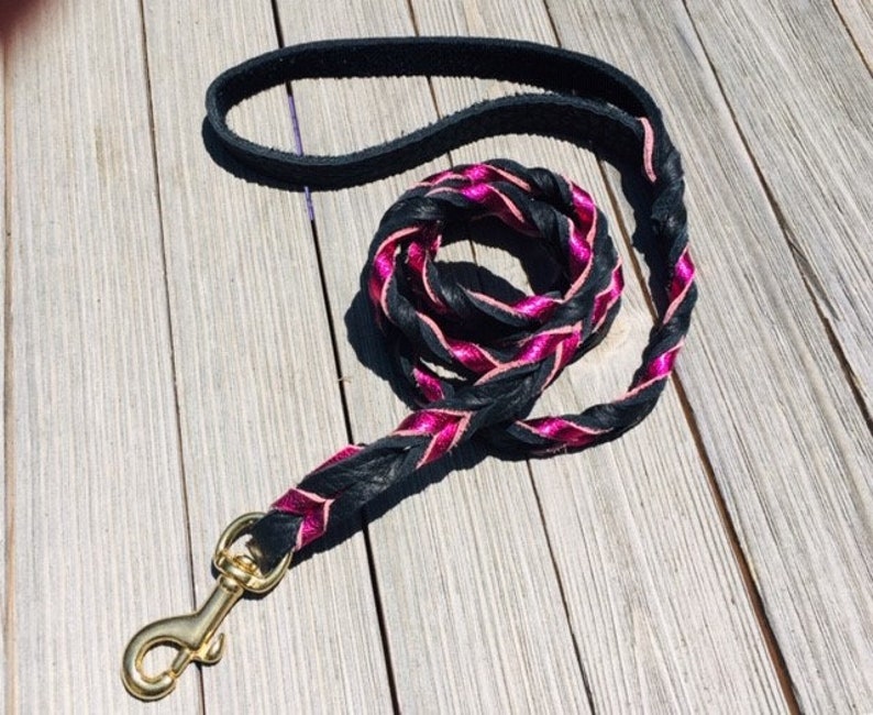 Braided Leash Metallic Hot Pink Leather and Black Bullhide | Etsy
