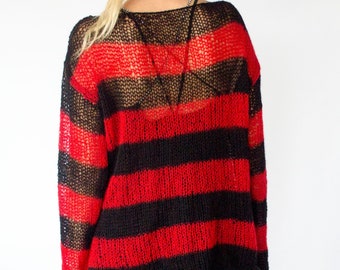 Punk Mohair Sweater Striped Jumper Red Black 90s Grunge - Etsy