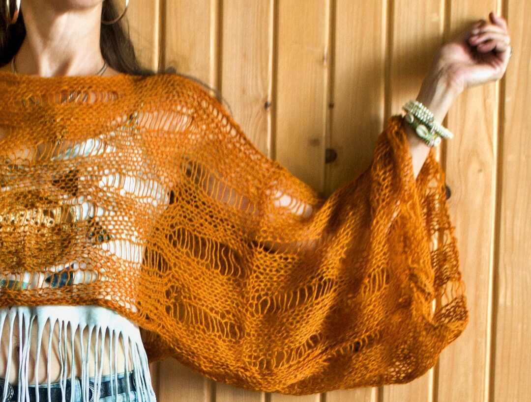 Mohair Boho Ragged Poncho Sweater, Loose Stitch See-through Wide Sleeve ...