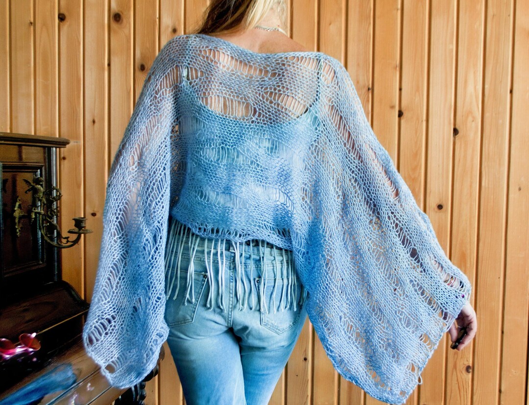 Sheer Boho Poncho With Open Knit, Ragged Mohair Sweater, Cropped Boho ...