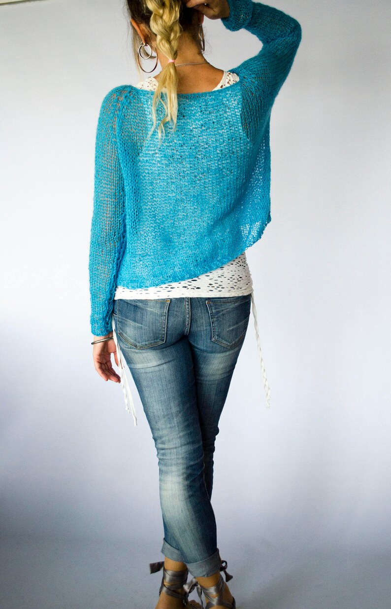 Turquoise Blue Mohair Sweater Loose Knit Sweater Sheer Hand | Etsy