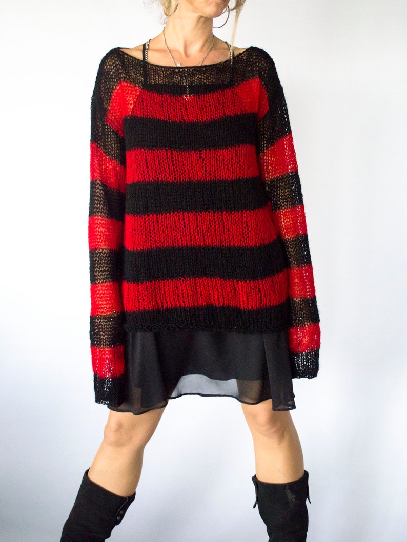 Punk Mohair Sweater Striped Jumper Red Black 90s Grunge - Etsy