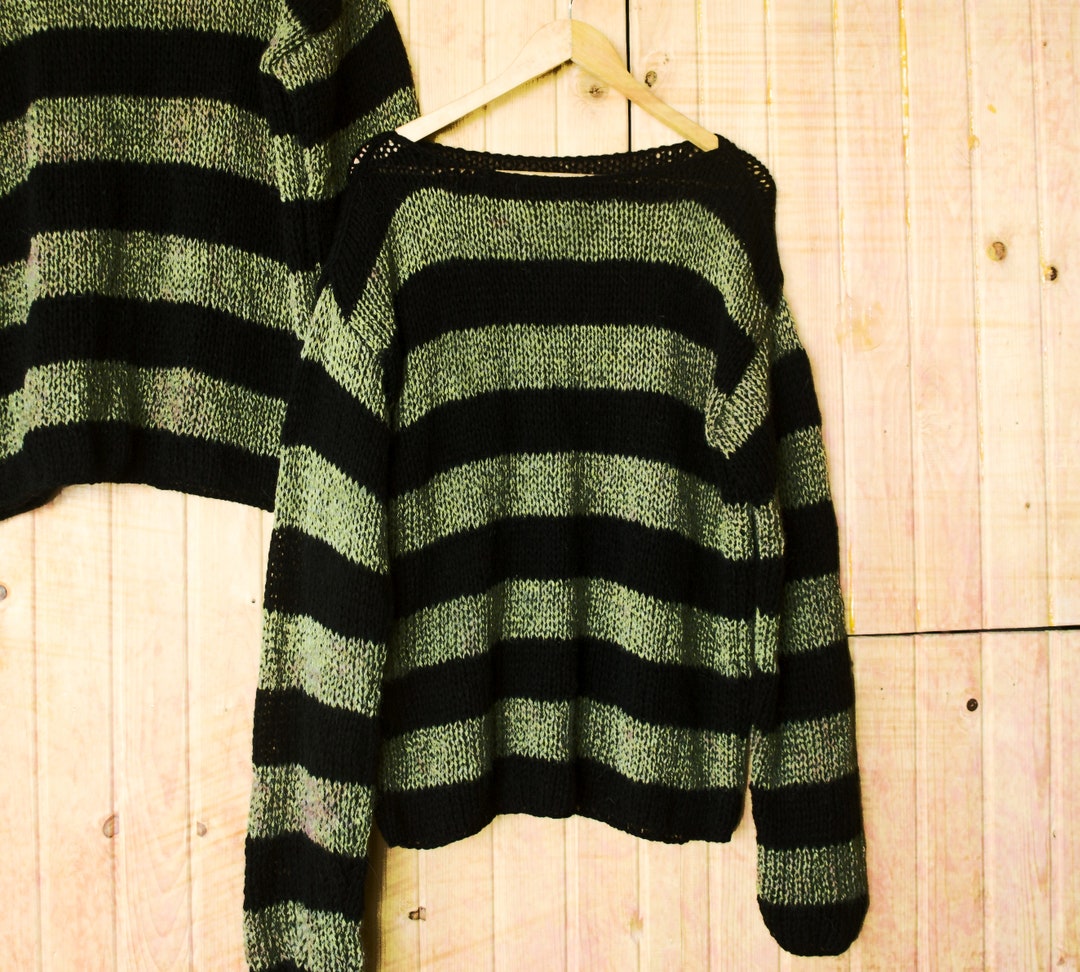 Striped Sweater, Uniform Green and Black Stripey Jumper, Grunge Green ...