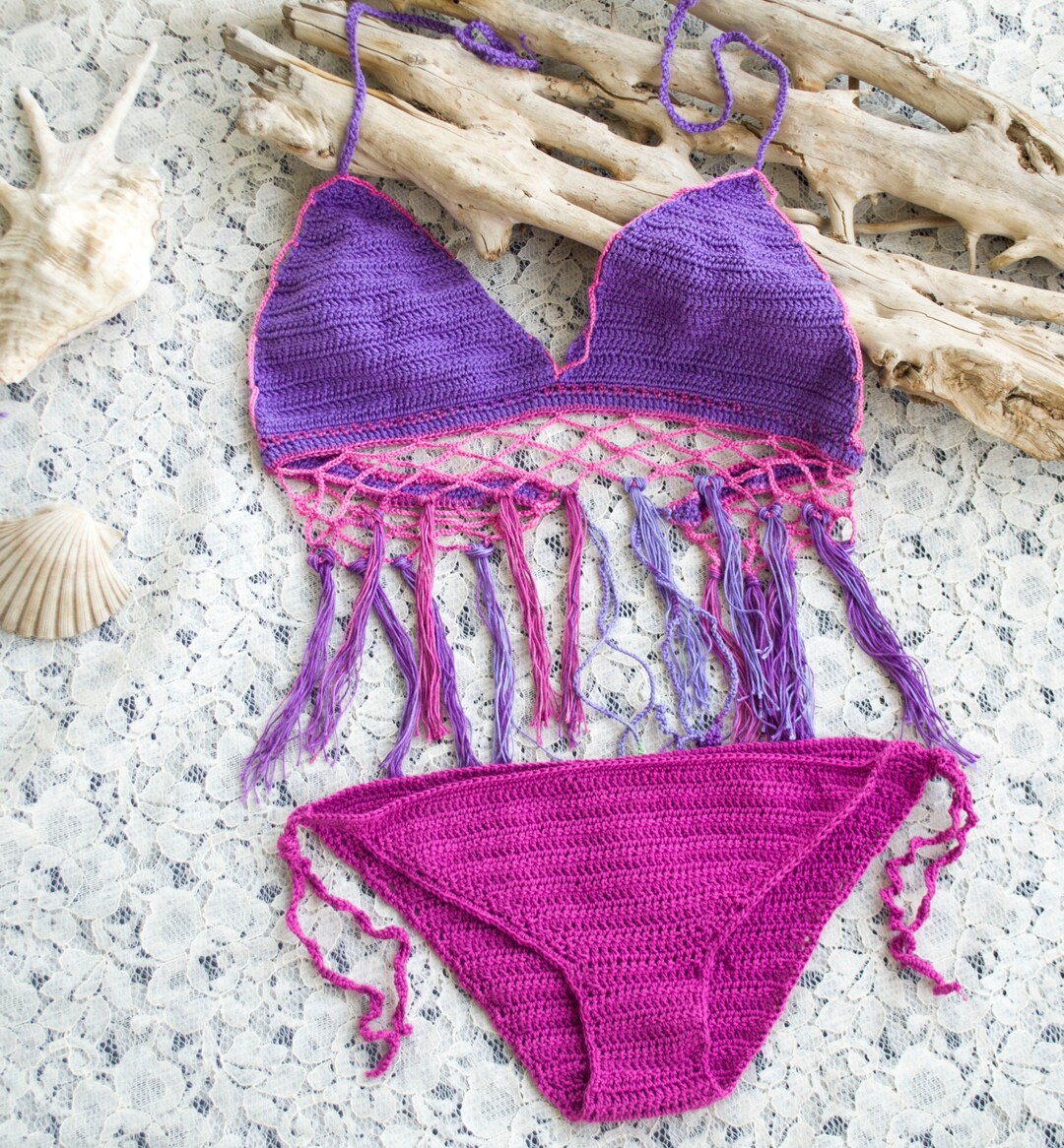Crochet Bikini Top Crochet Bikini Bottom Mix And Match Bikini Set Retro Swimwear Purple