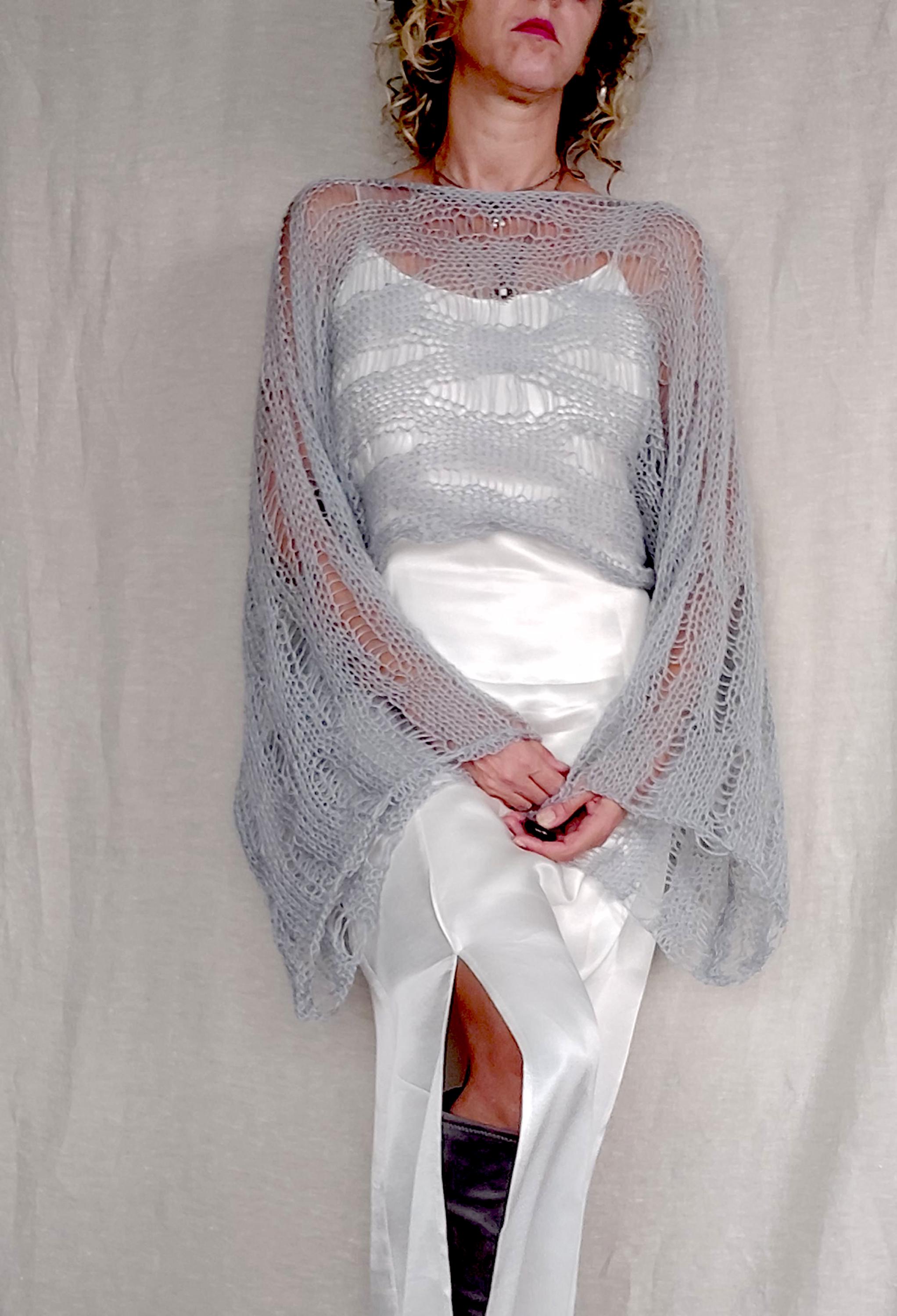 Sheer Knit Sweater, Mohair Shrug, off Shoulder Loose Knit Top ...