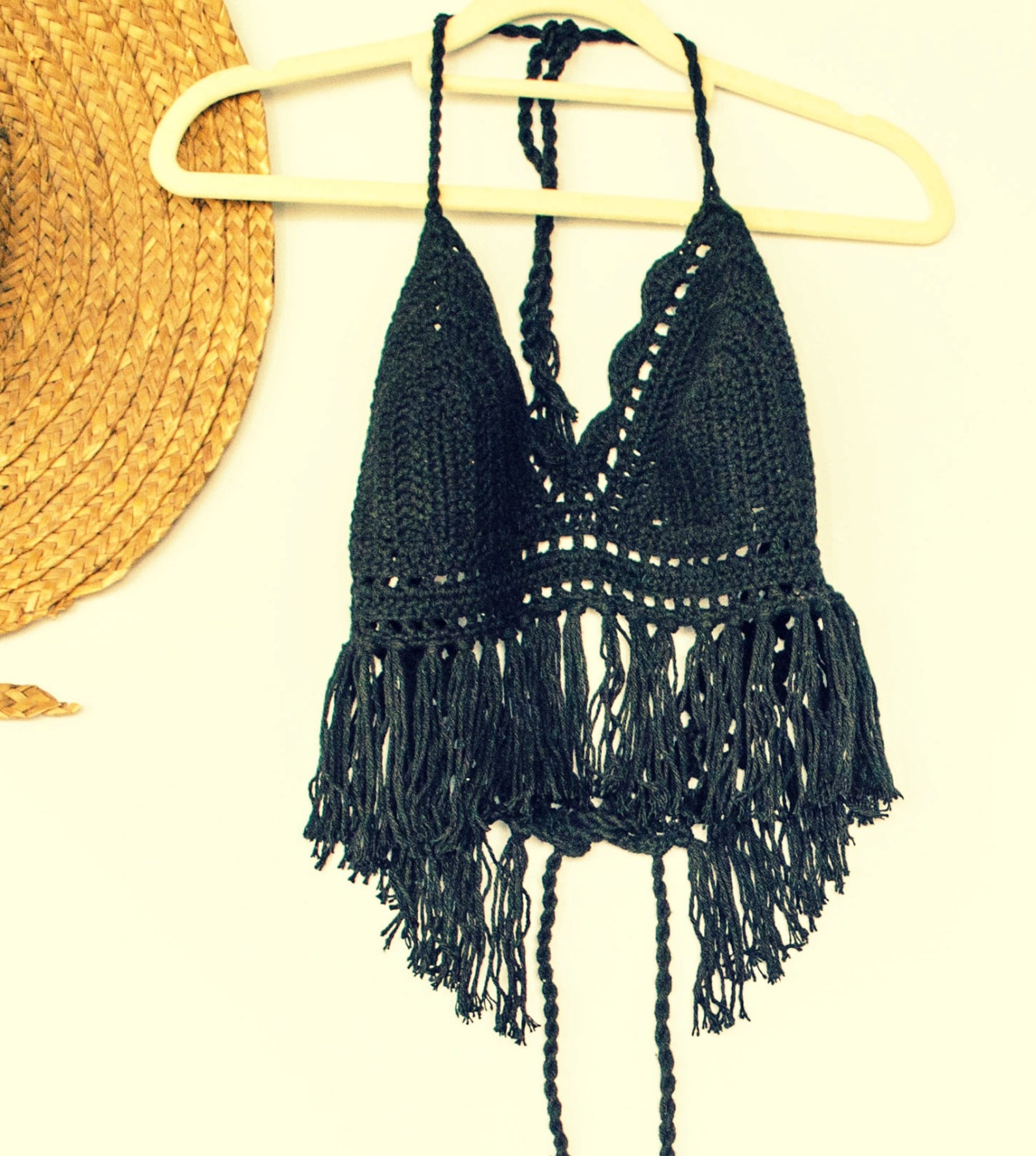 Crochet Crop Top Black Crochet Fringe Top 60's Hippie - Etsy