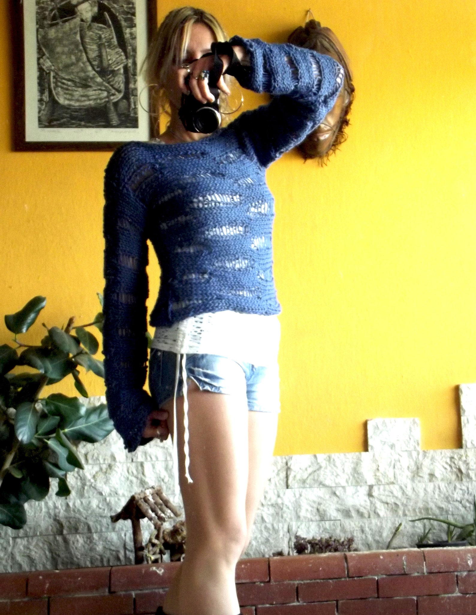 Handknitted Dark Blue Cropped Sweater With Drop Stitch Texture - Etsy