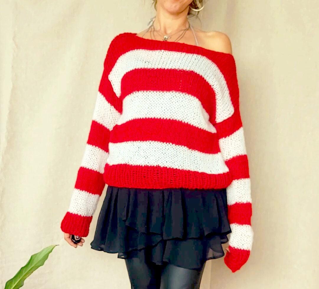 Red & White Striped Grunge Knitwear, 70s Punk Inspired Mohair Sweater ...