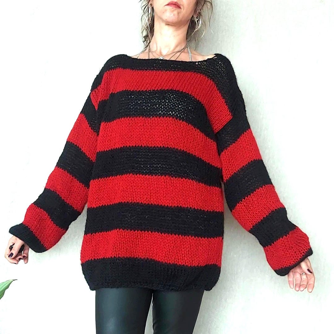 Striped Sweater, 90s Style Mohair Jumper, Nonbinary Punk Shirt, Red ...