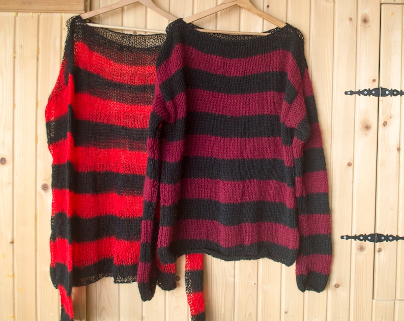 Striped Sweater, Punk Mohair Jumper, Burgundy and Black Stripes Sweater ...