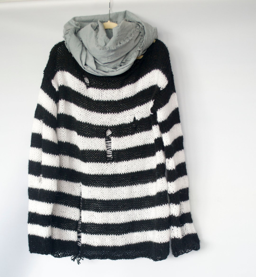 Black White Striped Mohair Sweater, Punk Grunge Goth Jumper With Full ...