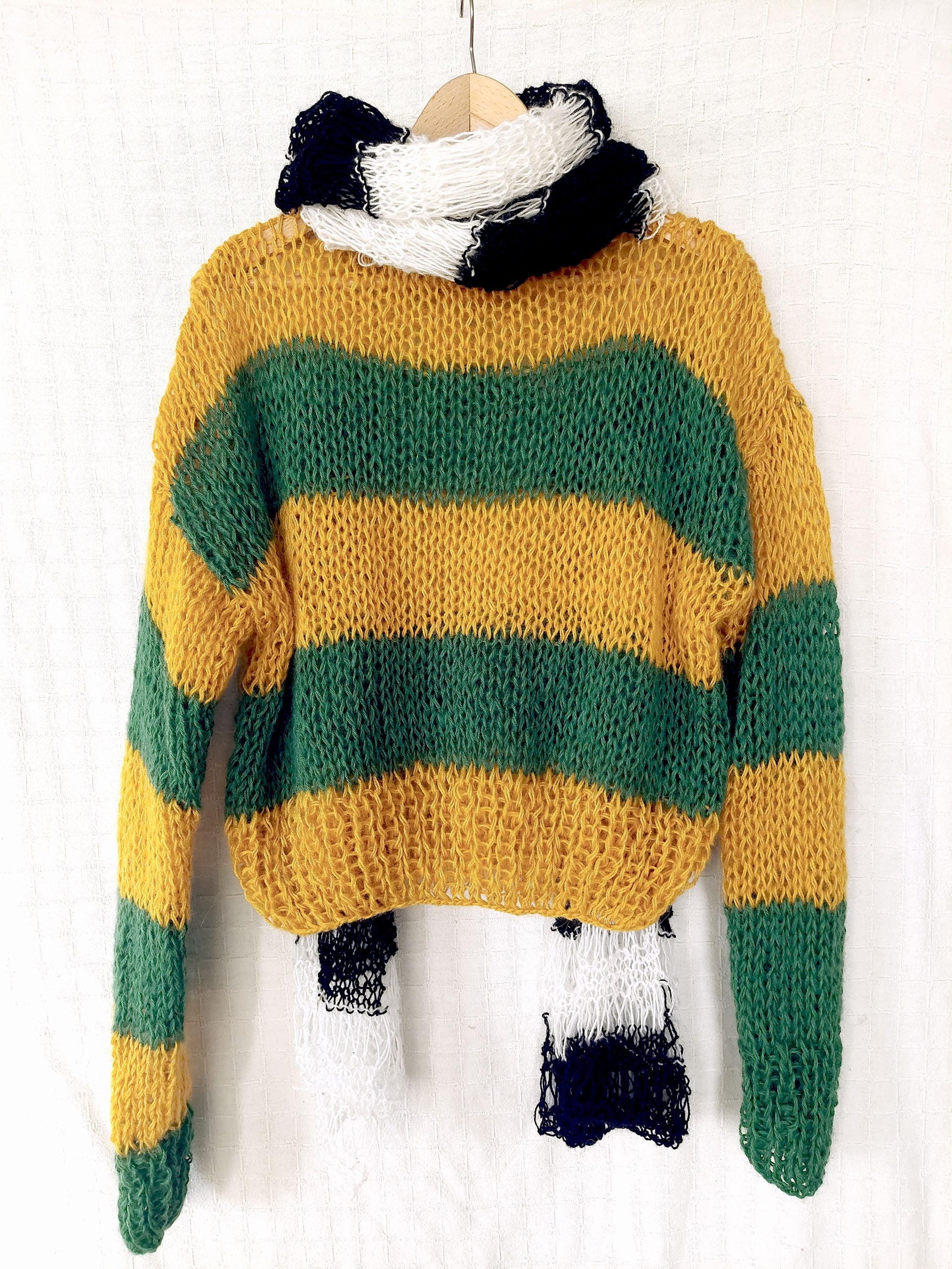 Hand Knit Mohair Punk Sweater Mustard Yellow & Forest Green Striped ...