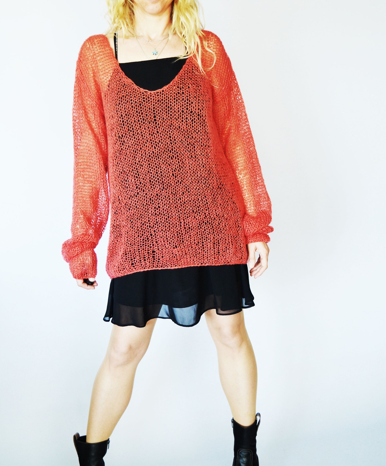 Sheer Knit Top Gray V Neck Mohair Sweater Oversized With - Etsy