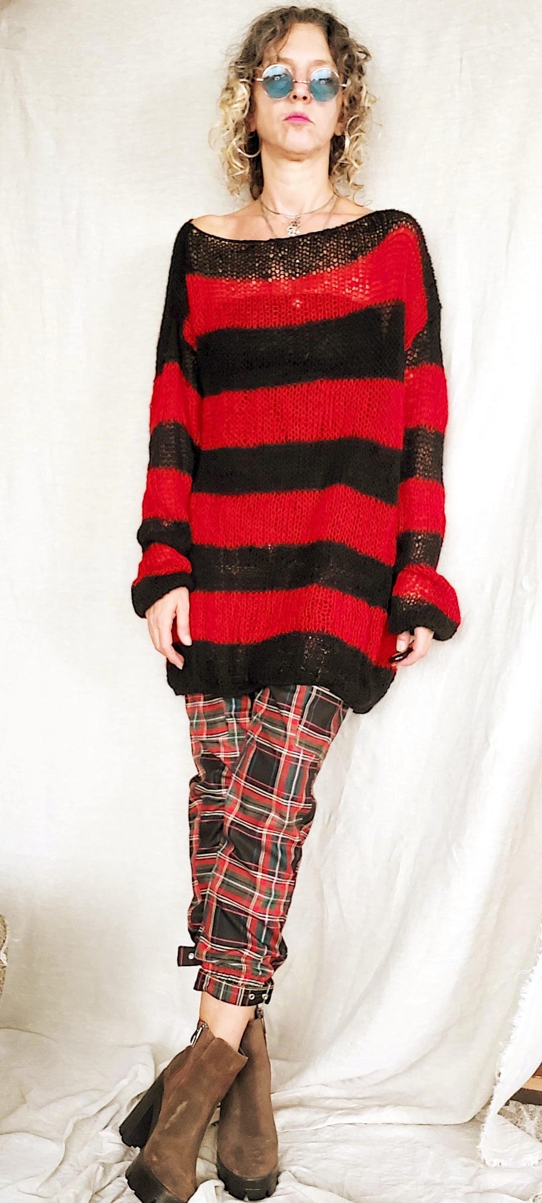 Red Black Striped Oversized Mohair Sweater, Unisex Knitwear, 90s Red ...