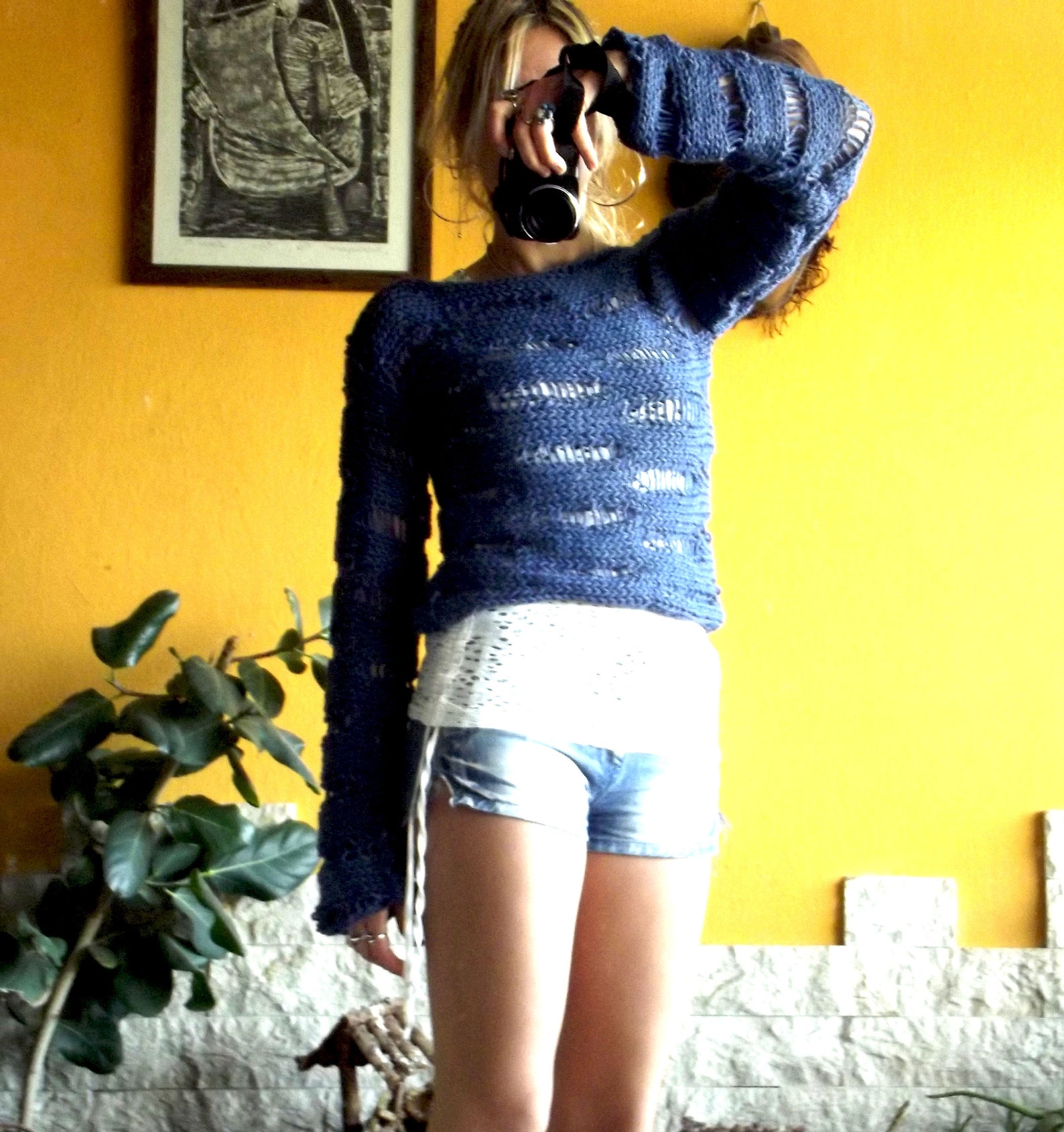 Handknitted Dark Blue Cropped Sweater With Drop Stitch Texture - Etsy