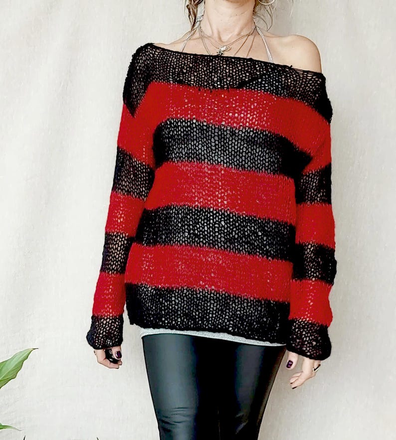 Punk Mohair Sweater, Striped Jumper, Red Black 90s Grunge Tops, Loose ...