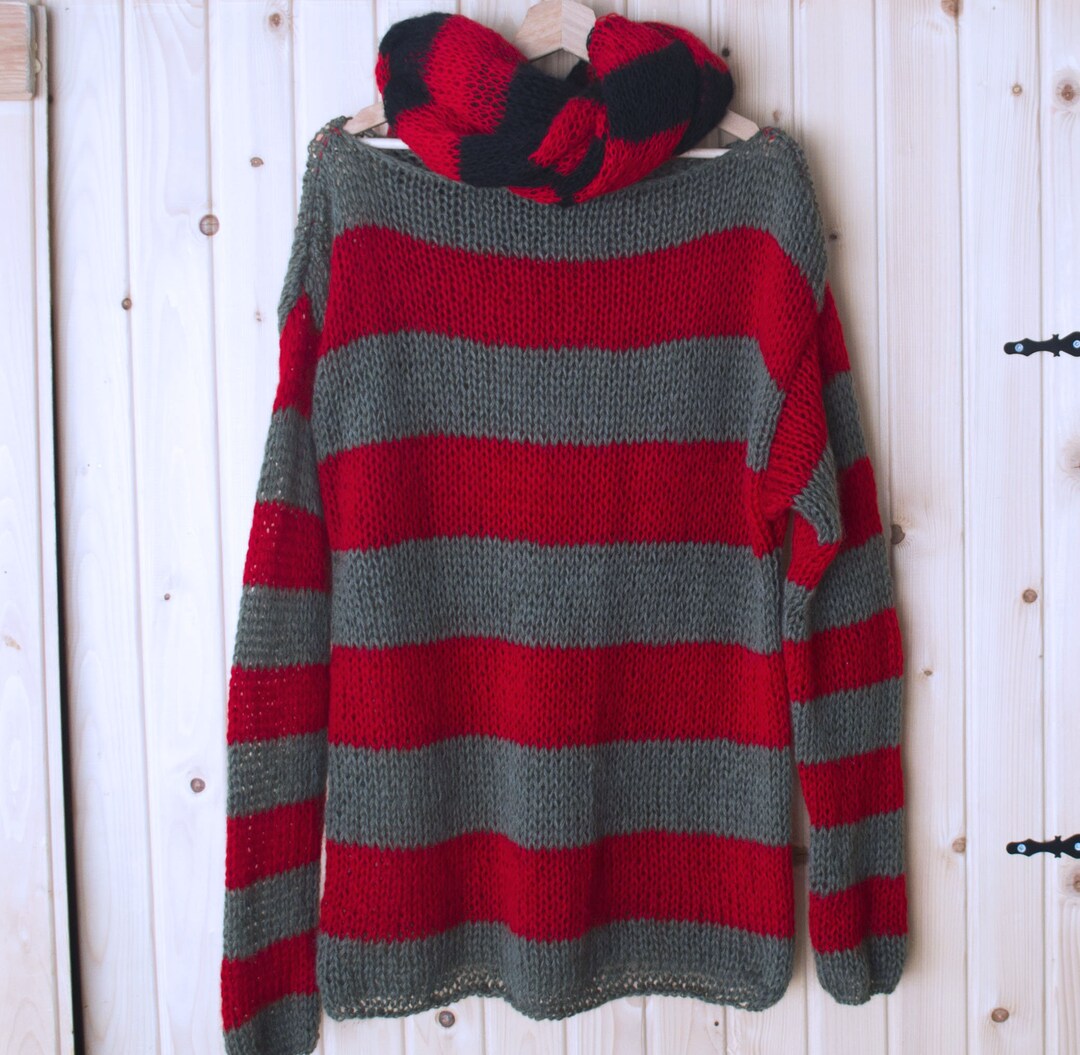 Hand-knit Mohair Sweater – Red and Gray Stripey Jumper – Punk Style ...