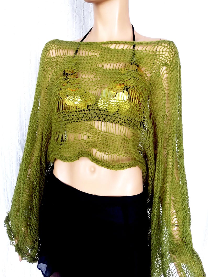 Hand Knit Mohair Sweater Shrug With Large Bell Sleeves; Olive Green See ...