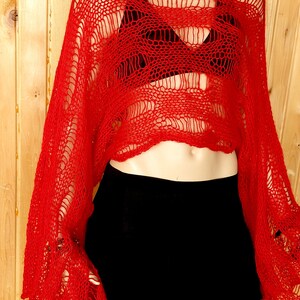 Red Mohair Sweater, See-through Boho Sweater, Romantic Cropped Sweater ...
