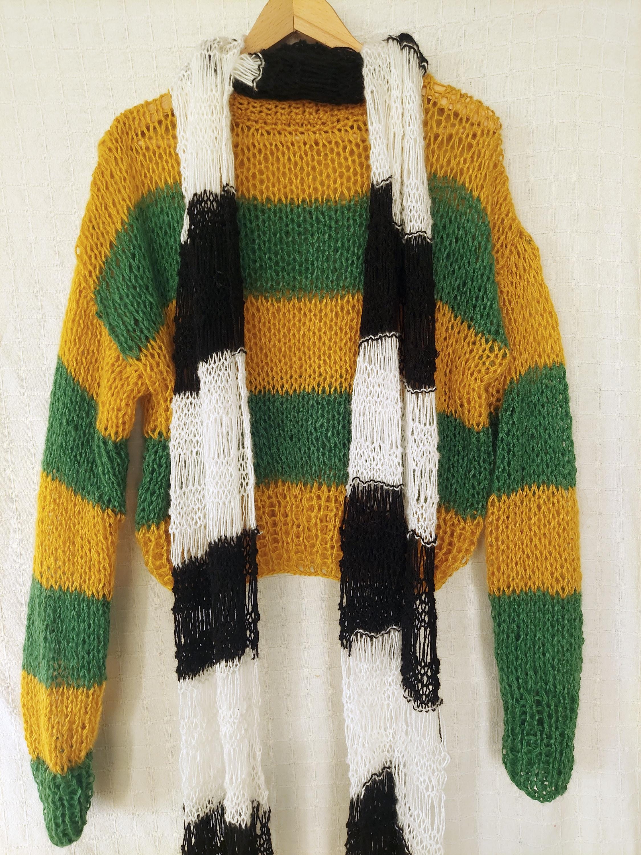 Hand Knit Mohair Punk Sweater Mustard Yellow & Forest Green Striped ...