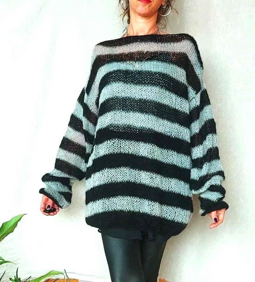 90s Grunge Striped Knit Sweater Extra-long Sleeves Monochrome Nonbinary ...