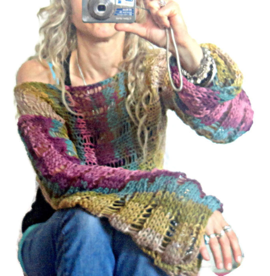 Multicolor Hand Knit Cropped Sweater, Short Sweater With Long Bell ...