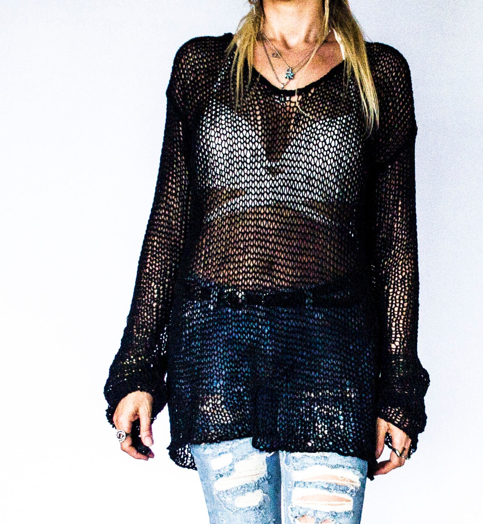Cotton Mesh Sweater Wth Long Sleeves, Black Loose Knit Jumper, Beach ...