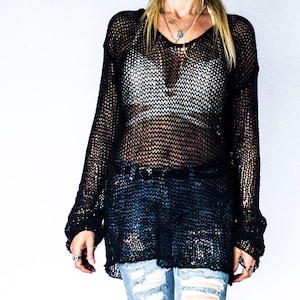 Cotton Mesh Sweater Wth Long Sleeves, Black Loose Knit Jumper, Beach ...