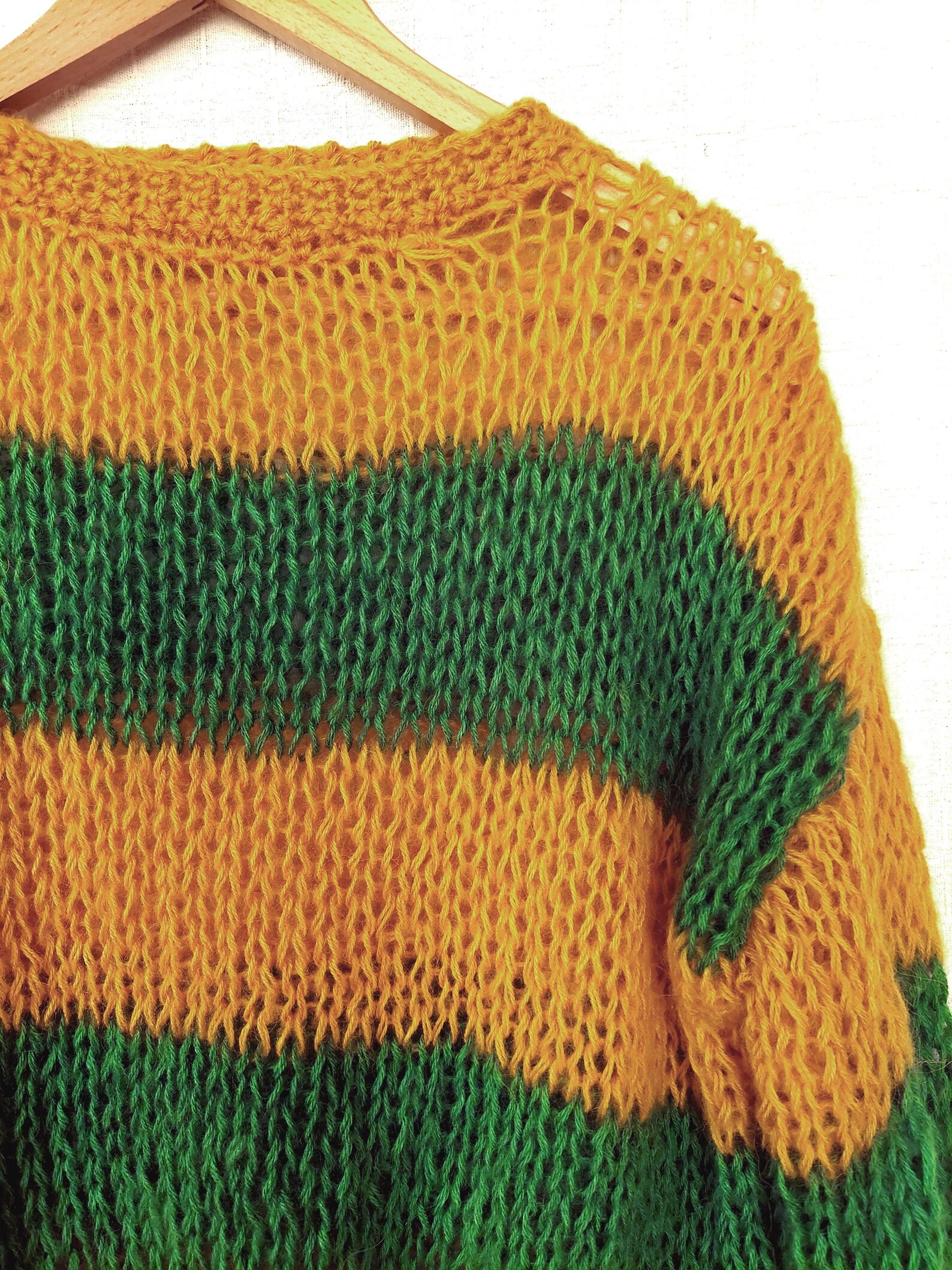 Hand Knit Mohair Punk Sweater Mustard Yellow & Forest Green Striped ...