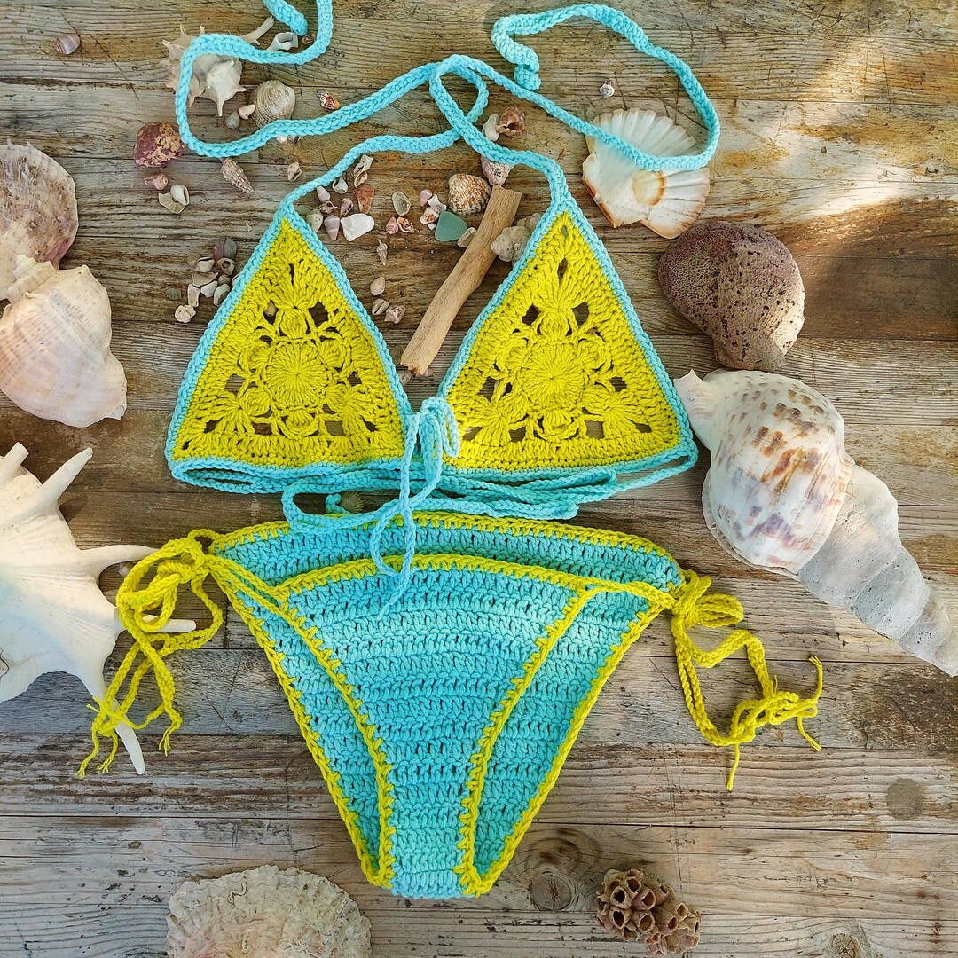 Boho Rave Crochet Bikini Swimwear, Triangle 2 Piece Swimsuit Set, Blue ...