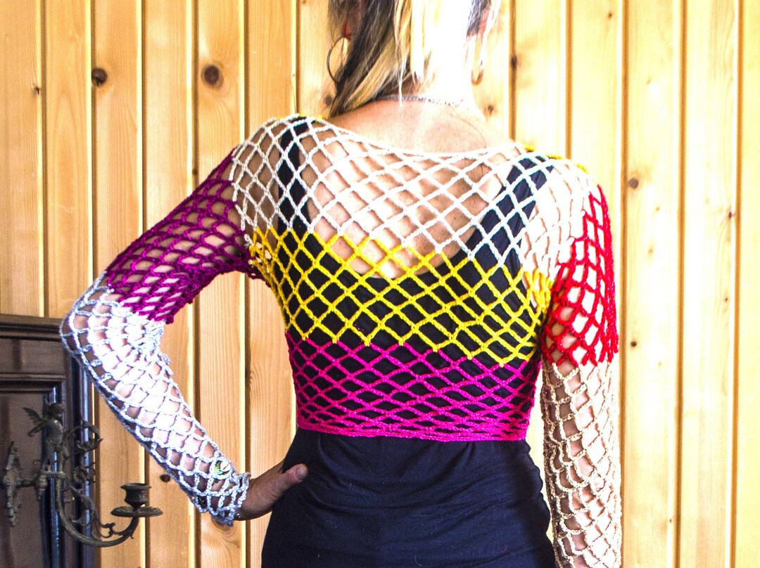 Crochet Rave Boho Fishnet Top, Long Sleeve Mesh Bolero Top, Crochet ...