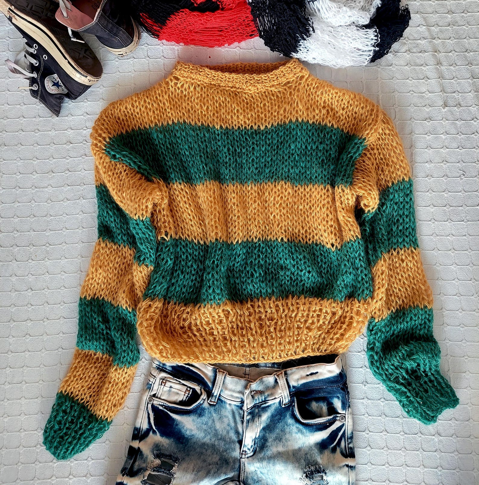 Hand Knit Mohair Punk Sweater Mustard Yellow & Forest Green Striped ...