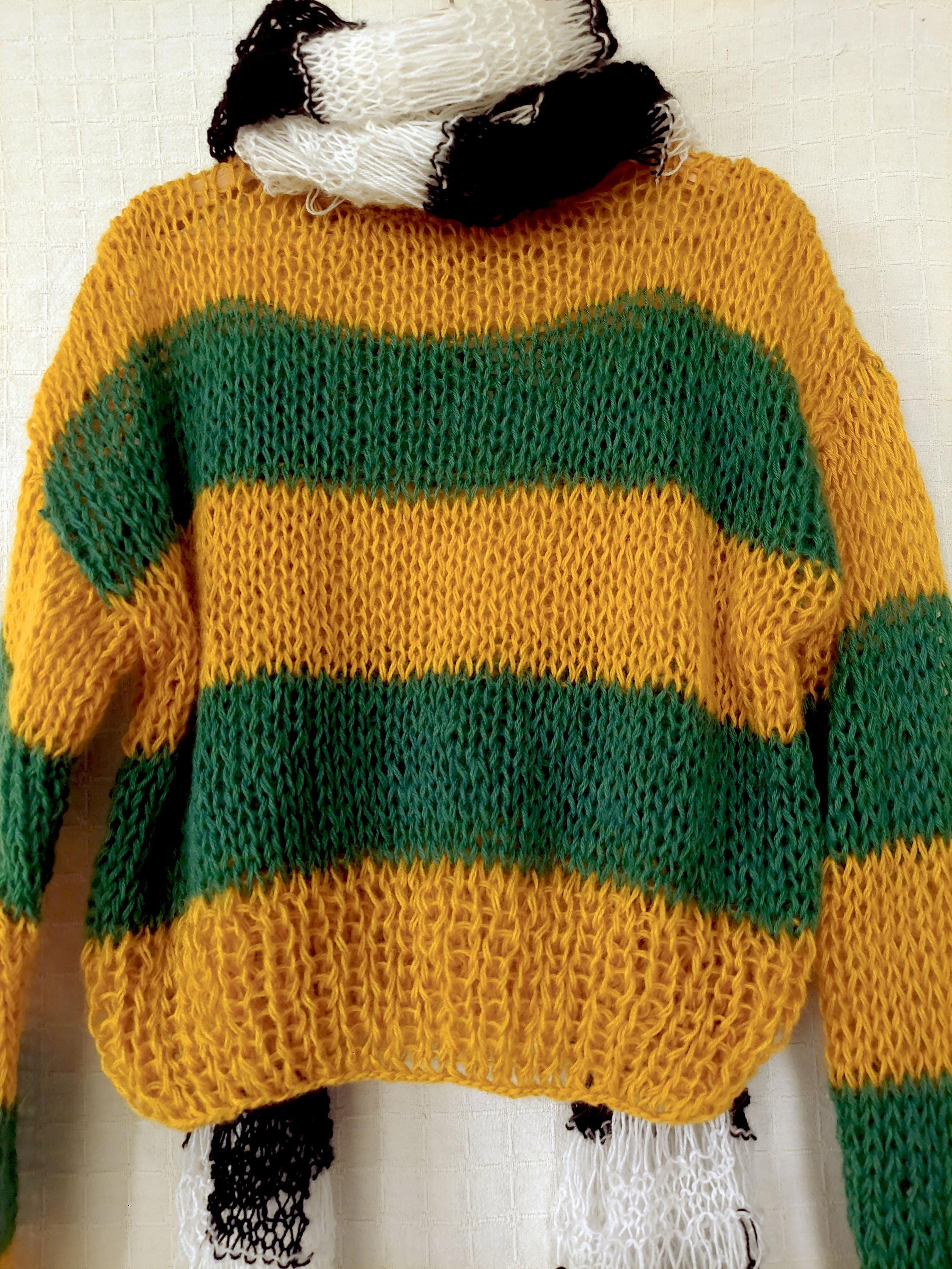 Hand Knit Mohair Punk Sweater Mustard Yellow & Forest Green Striped ...