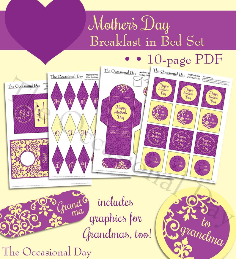 PRINTABLE Mother's Day - Breakfast in Bed Set - INSTANT DOWNLOAD - Etsy