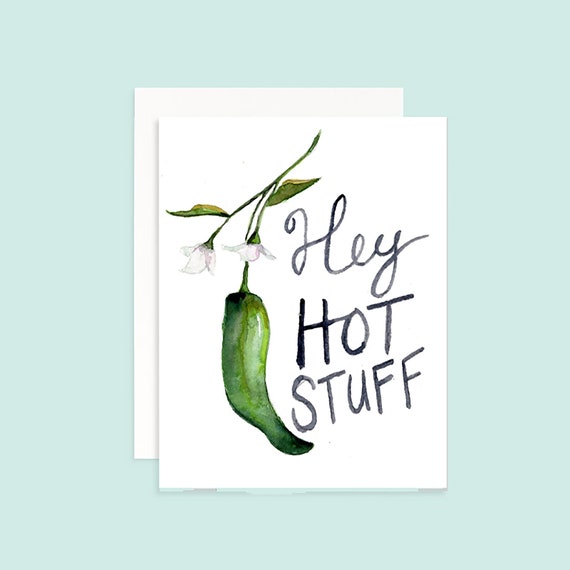 Hey Hot Stuff Greeting Card Anniversary Card Watercolor | Etsy