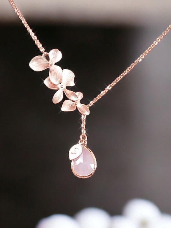 Orchid Flower Rose Gold Necklace for Bridal Pink Earrings Birthstone Jewelry Personalized Gift Personalized Jewelry Best Gifts for Her Etsy