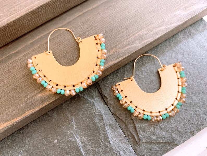 Cluster Beaded Raw Brass Hoop earrings Gold Raw Hoop | Etsy