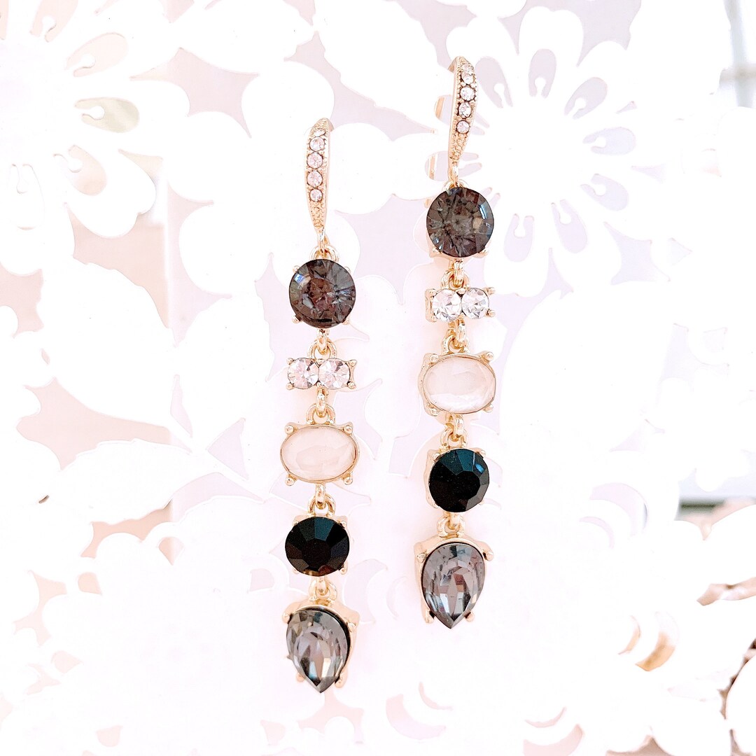 Gray Crystal Dangle Earrings, Gold Prom Earrings, Gray Party Earrings ...