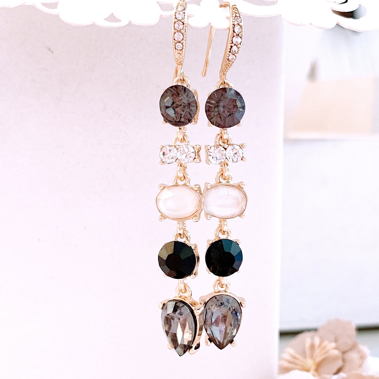 Gray Crystal Dangle Earrings Gold Prom Earrings Gray Party | Etsy