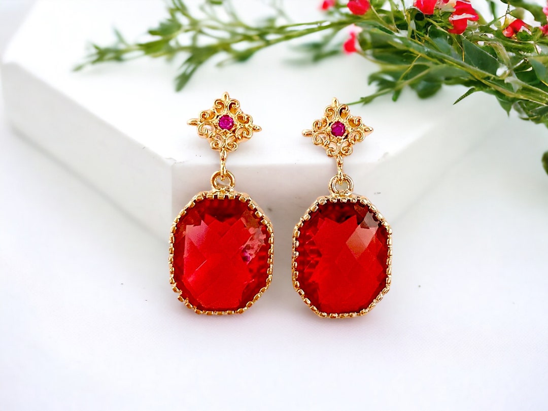 Ruby Drop Earrings: Gold Plated Bridal Jewelry - Etsy