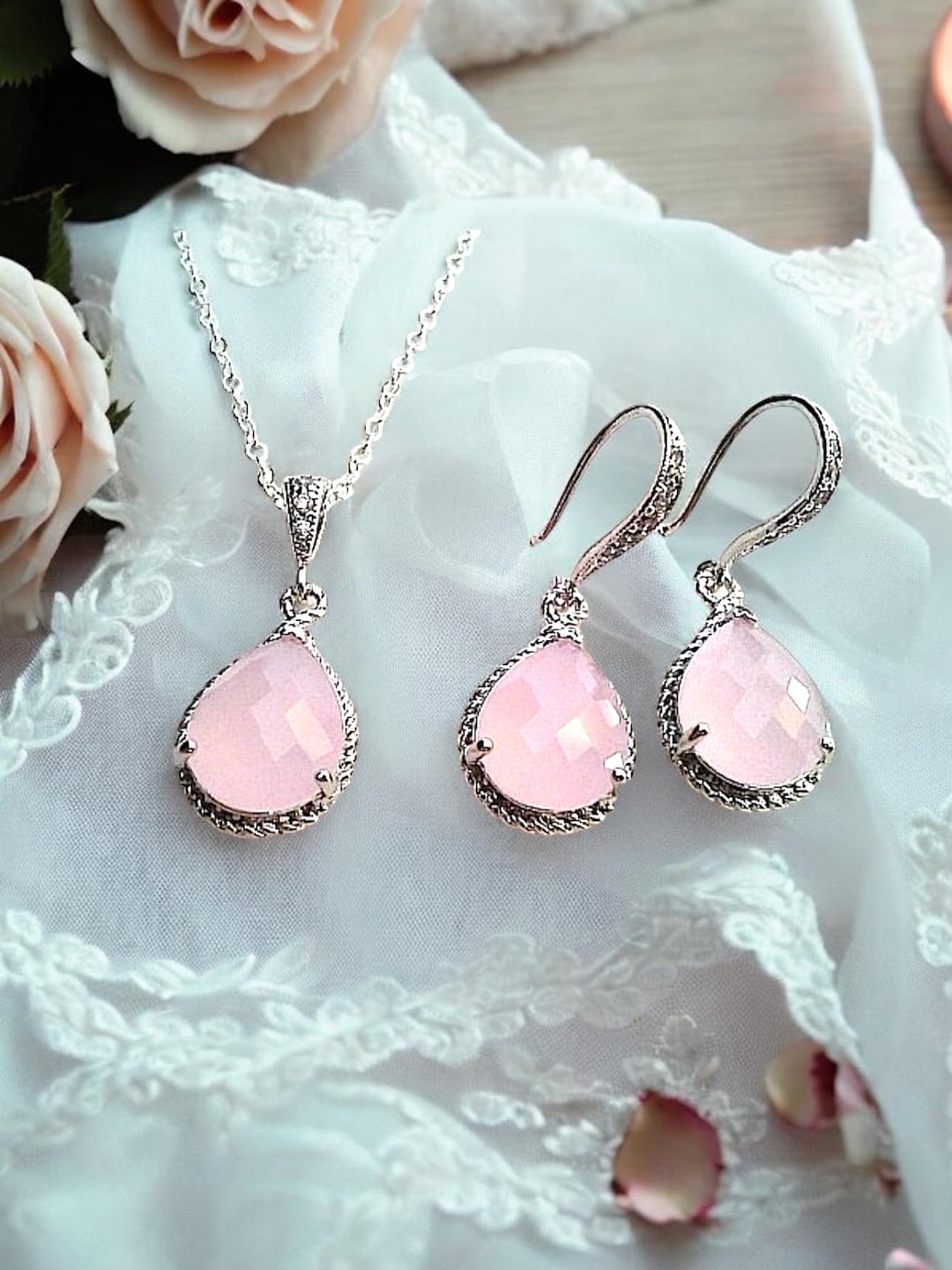 Blush Pink Jewelry Bridal Jewelry Set: Necklace Earrings - Etsy
